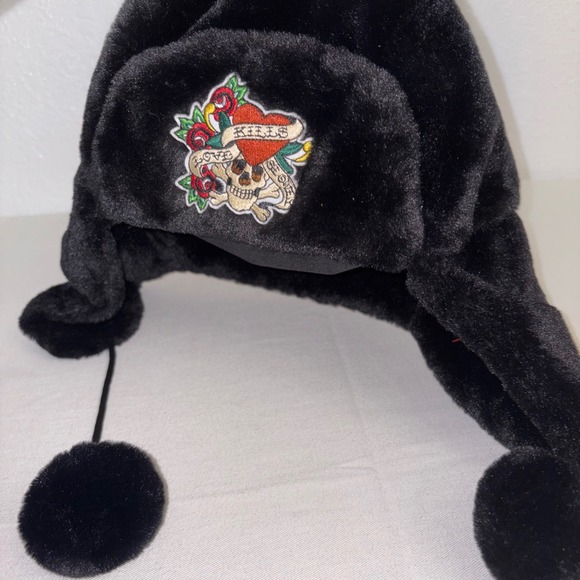 Ed Hardy | Accessories | Ed Hardy Black Faux Fur Trapper Hat Skull Rose ...
